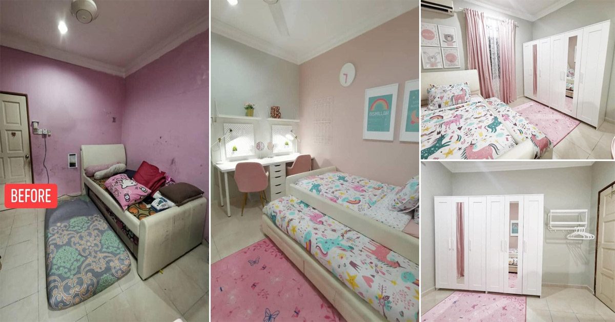 Deko Bilik Tidur Kecil Bertemakan Warna Pastel Grey Pink